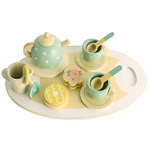 Neo LOONS Wooden Tea Set for Little Girls,15pcs Wooden Toys Play Kitchen Accessories Toddlers Tea Party Set for Preschool Children Play Food Tea Set for Kids