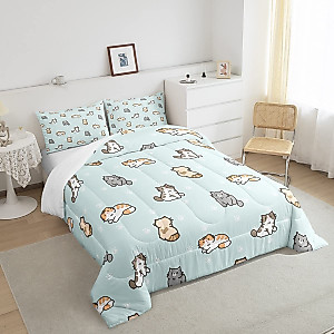 Cartoon Cat Comforter Set for Girls Kids Kawaii Cats Print Comforter Cute Kitten Animal Room Decorative Bedding Set Cat Lover's Gift Green Duvet Set Twin Size 2Pcs Quilt Set