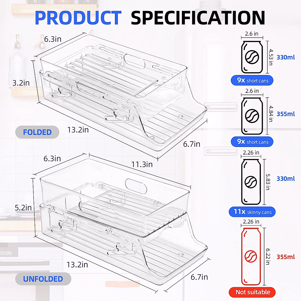 Xicennego Foldable Soda Can Organizer for Refrigerator，Beverage Can Dispenser for Fridge, Drink Can Holder Clear Plastic Storage Bin for Refrigertor, Pantry Cupboard, Office, Bathroom, Camper (1Pack)