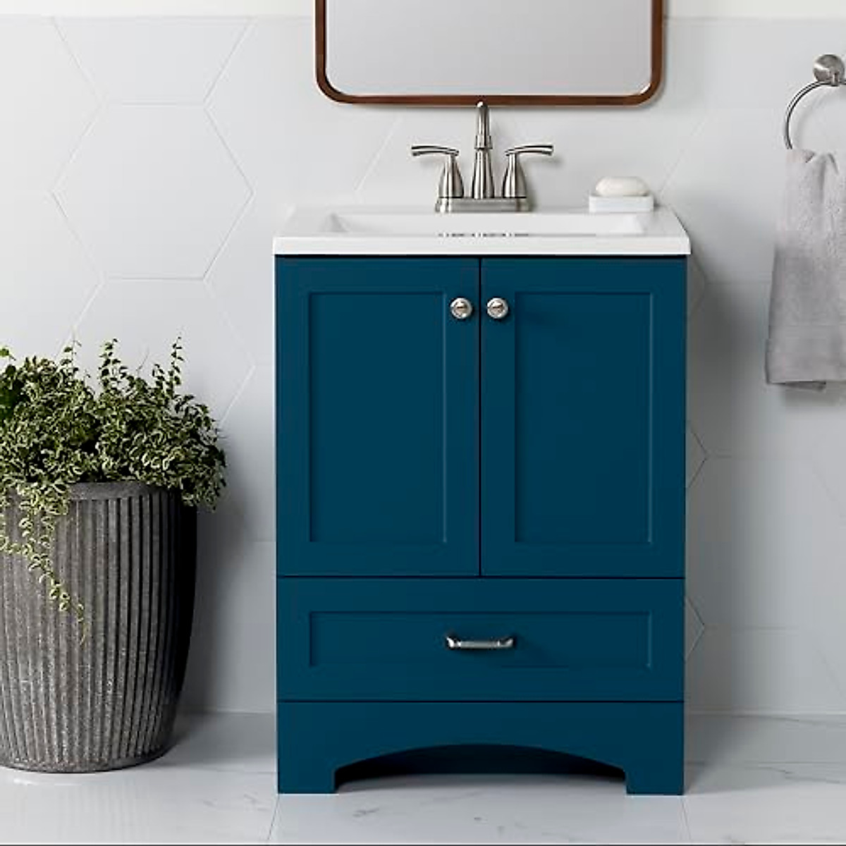 Spring Mill Cabinets Emlyn 24 Inch Bathroom Vanity with White Single Sink Top, 2-Door Cabinet, 1 Drawer, 24.5" W x 18.75" D x 32.89" H, Admiral Blue