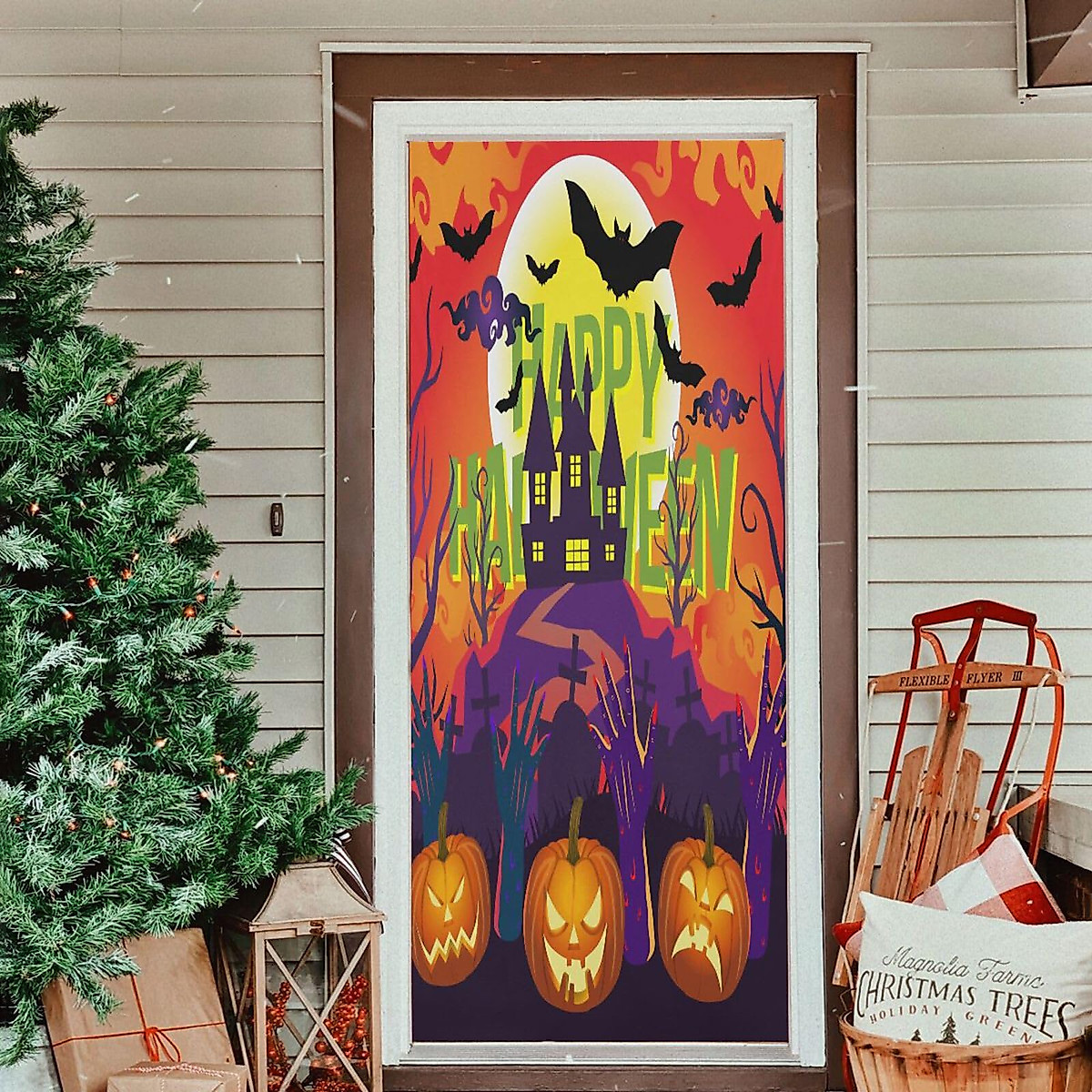 Burbuja Halloween Pattern Door Cover, Stretch Fabric Backdrop Door Porch Covers for Home Party Holidays Decoration, 32x79 in