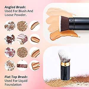 2 Piece Retractable Kabuki Brush Angled Foundation Makeup Brushes Portable Travel Flat Top Bronzer Blush Brush with Cover for Blush Bronzer, Buffing Loose Powder Cream or Liquid Cosmetics