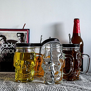 GXFCCYXT 16oz Skull Mason Jar Glass Cup - Set of 4, with Handle & Striped Straws & Black Lids, for Cold & Hot Drinks, Cute Reusable Beer Bottle, Iced Coffee Glasses, Party Juice Glass Cup