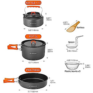 Odoland 10pcs Camping Cookware Camping Pots and Pans Set with Kettle Plastic Bowls and Soup Spoon for Camping, Backpacking, Outdoor Cooking and Picnic