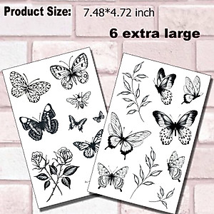 Tazimi 6 sheets large Black Butterfly Temporary Tattoos for Women-flowers butterflies Hummingbird swallow Rose Temporary Tattoos Waterproof Long Lasting Tattoos Stickers Sexy Fake Tattoo for Adults