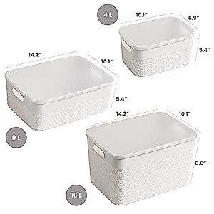Lidded Storage Bin Organizer | Storage Organizing Container, 9 Liter, Set of 4, Off White