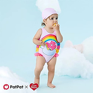 PATPAT Care Bears Baby Girls One Piece Swimsuit Infant Ruffle Trim Swimwear Cute Bear Print Bathing Suit and Cap Light Pink 6-9 Months