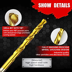 YIYITOOLS Titanium Twist Drill Bit Set 21 Piece Fit for Cutting Hard Metals，Such as Stainless Steel, Aluminum Alloy and Titanium Alloy 21 Pieces