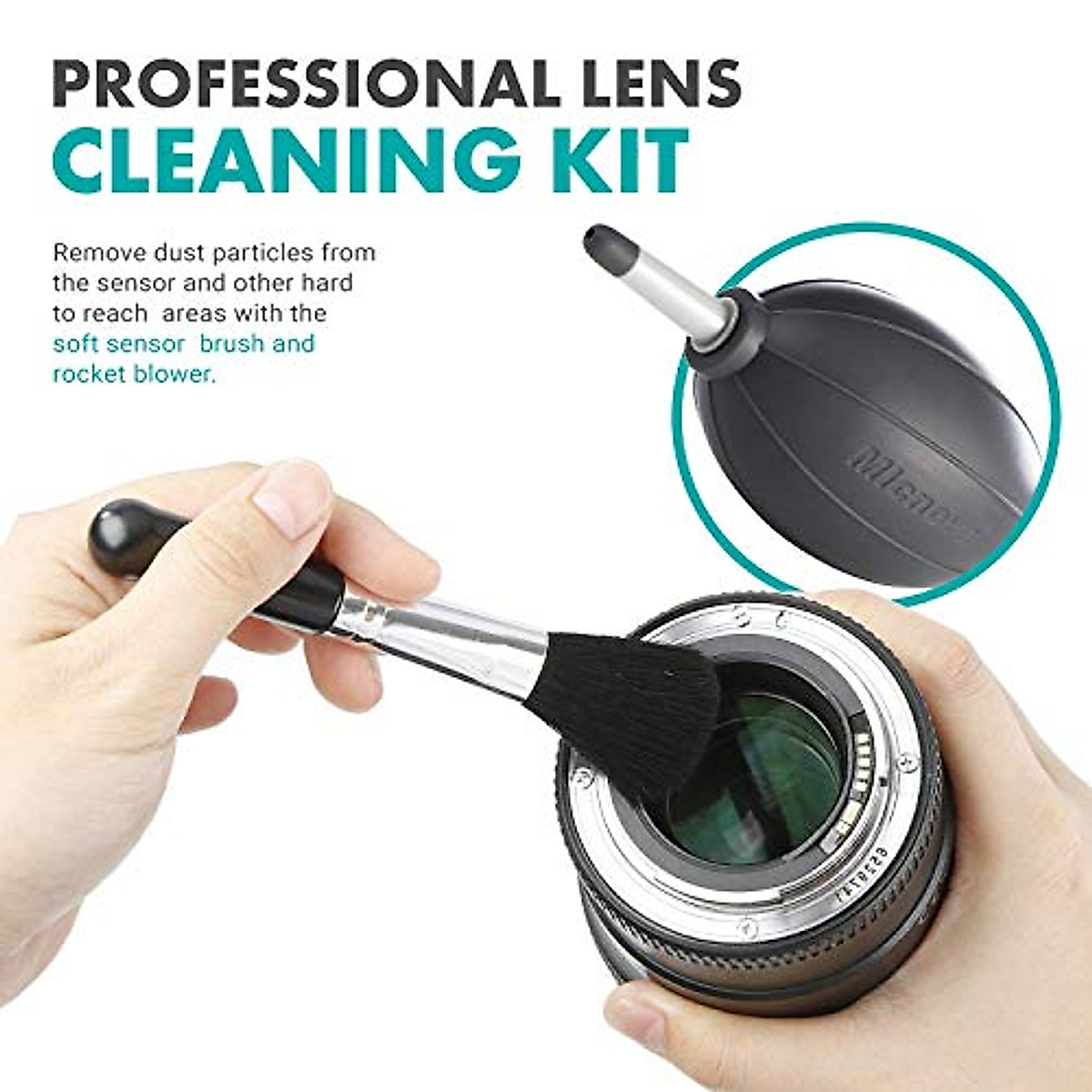 Movo Deluxe Essentials DSLR Camera Cleaning Kit with 10 APS-C Cleaning Swabs, Sensor Cleaning Fluid, Rocket Air Blower, Lens Pen, Soft Brush, 2X Small and 2X Large Microfiber Cloths and Carrying Case