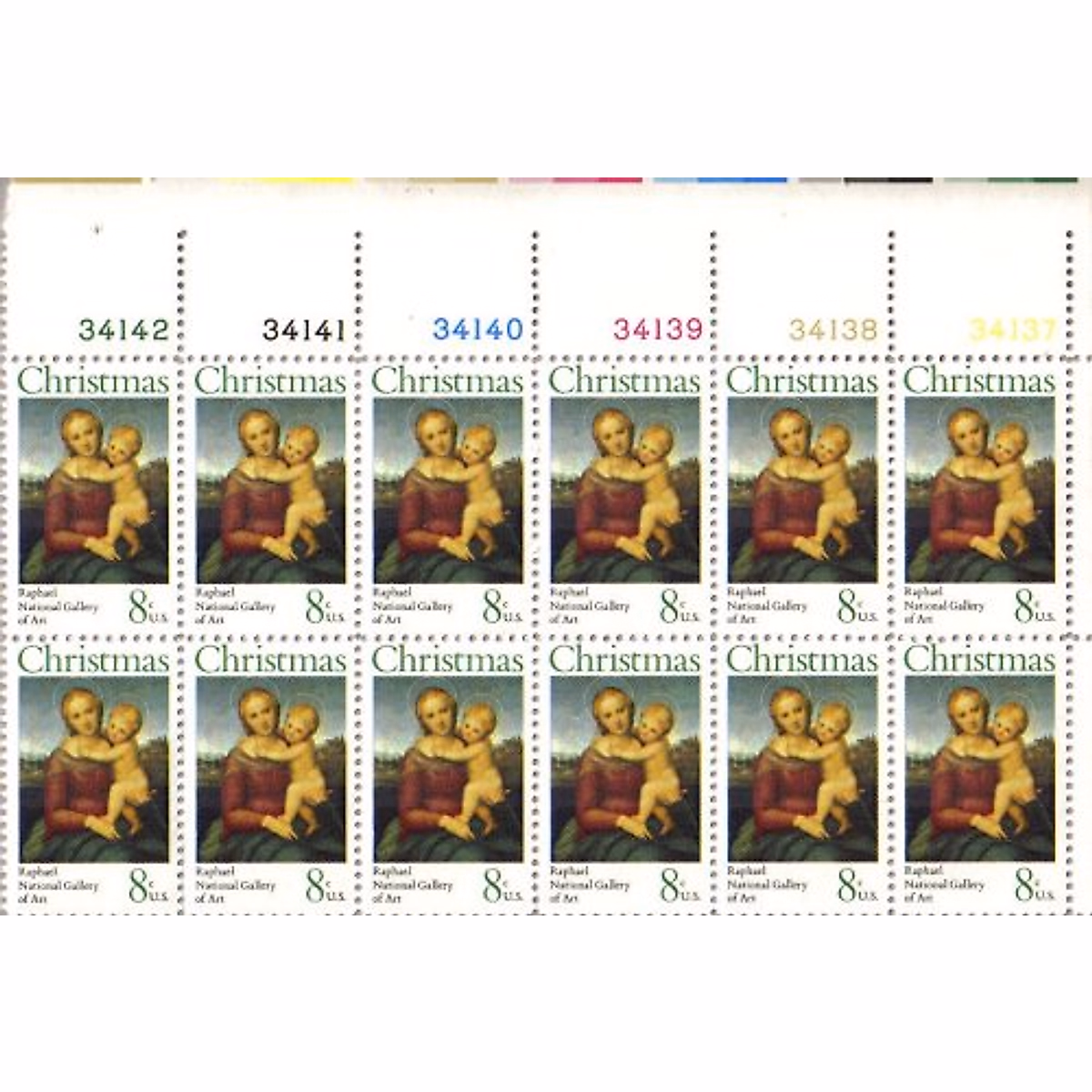 1973 CHRISTMAS MADONNA #1507 Plate Block of 12 x 8 cents US Postage Stamps