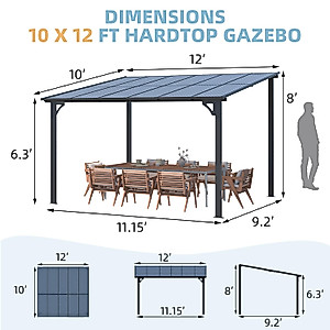 AECOJOY Wall Gazebo12’ x 10’, Hard Top Gazebos Pergola on Clearance, Outdoor Patio Lean to Gazebo Canopy Awnings for Deck, Porch, Backyard and More