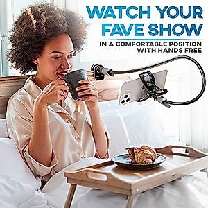 Primens Cell Phone Holder for Bed Gooseneck Bedside Phone Holder Laying Down with Adjustable 360 Clamp Clip and Flexible Long Arm, Phone Holder for Desk Stand and Mount (Black)