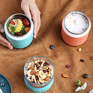 Pack of 3 Overnight Oats Containers with Lids and Spoon,430 ml + 330 ml 2-Tier Yogurt and Milk Cups,Leak-proof 2 in 1 Travel Cereal and Milk Container Cups for Fresh Meals Children Snack Pot (Pink,Blue,Green,3pcs)