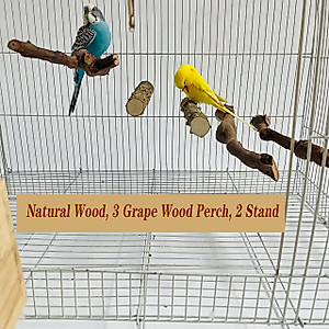 5PCS Bird Perch Stand Natural Wooden Parrot Stand Branch, 3 Grape Wood Perch, 2 Stand, Paw Grinding Fork Parakeet Chewing Stick Exercise Training Branches for Cockatiels, Small Birds