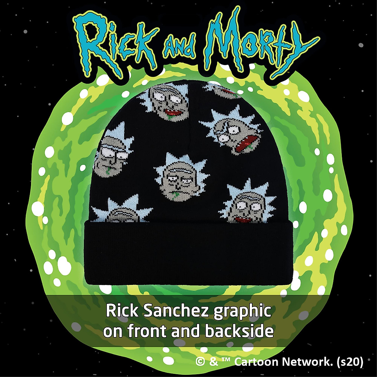 Rick and Morty Logo Rick Sanchez Head Knitted Cuff Beanie Hat, Black, One Size