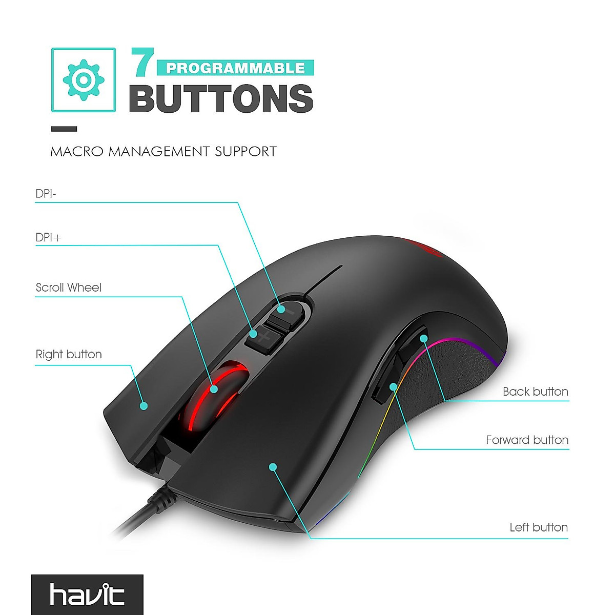 HAVIT Programmable Gaming Mouse 4000DPI 7 Buttons RGB Backlit Wired Optical for Laptop, PC & Computer, MS794 (Black)