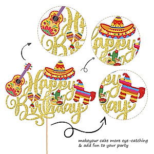 1 Pack Happy Birthday Fiesta Cake Topper Guitar Cactus Donkey Rackets Pepper Cake Pick for Mexican Fiesta Theme Baby Shower Birthday Party Cake Decorations Supplies Gold
