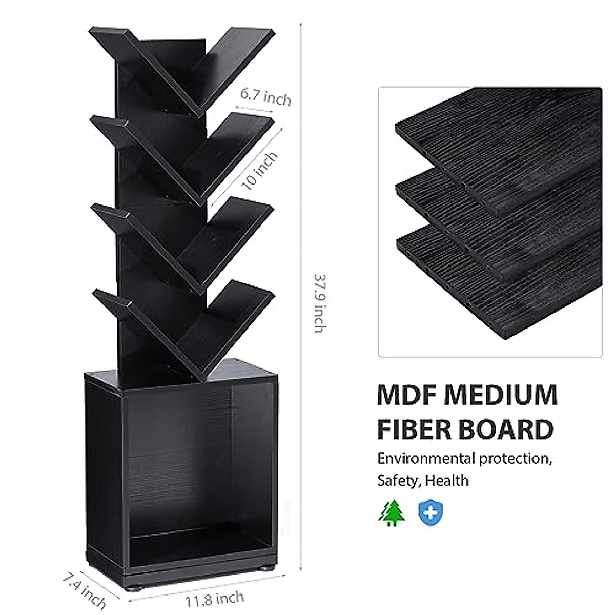 ruboka 5-Shelf Tree Bookshelf with Storage, 37.9-Inch Retro Floor Standing Bookcase Display for CDs/Magazine/Books, Small Bookshelf for Bedroom, Living Room, Office, Black Storage Shelves DESK56B