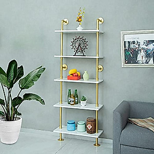 HEONITURE 5 Shelf Modern Gold Bookshelf, Wall Mount White Bookcase, Ladder Shelf with Metal Frame, Display Shelf Shelves for Living Room/Home/Office