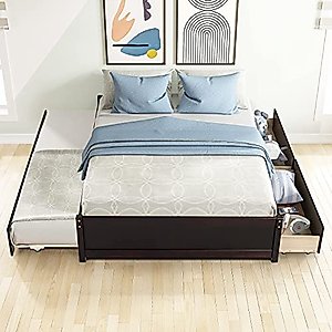 Full Size Bed Frame with Trundle and Storage, Platform Bed with Solid Wood Slat Support, Full Bed Frame with Twin Size Trundle Bed ＆ 2 Storage Drawers, Noise Free, No Box Spring Needed (Espresso)
