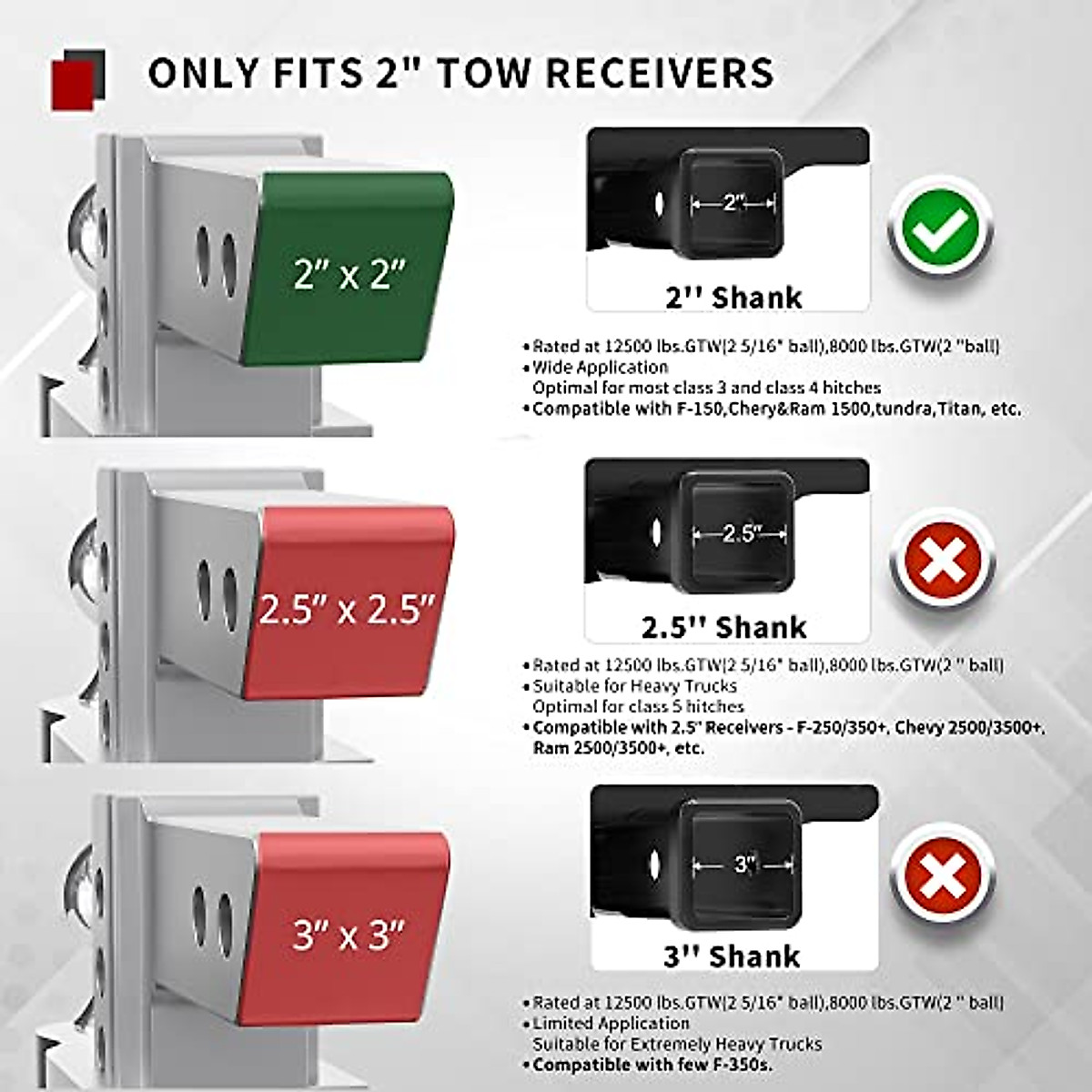 YITAMOTOR Adjustable Trailer Hitch, Fits 2-Inch Receiver, 8-Inch Drop Hitch, Aluminum Tow Hitch, Ball Mount, 2 and 2-5/16 inch Combo Stainless Steel Tow Balls with Double Key Locks, Silver