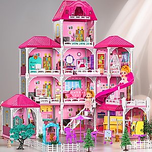 Luxury Dolls House Toy Girls Toys- 4-Story Plays House 12 Rooms 4-5 Year Old with 2 Dolls, Doll Home Furniture Accessories, DIY Villa Pretend Cottage Toy, Doll Room Toy Toddler for Kids Ages 3 4 5 6 7