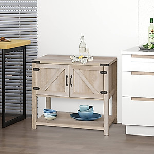 HOMCOM Farmhouse Double Door Coffee Bar Cabinet, Sideboard Buffet Cabinet, Kitchen Cabinet with Bottom Shelf for Entryway, Living Room, Oak