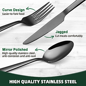 48 Pieces Black Silverware Set with Steak Knives, CEKEE Stainless Steel silverware set for 8, Black Flatware Cutlery Kitchen Utensils Set, Spoons and Forks Set, Mirror Polished & Heavy Duty
