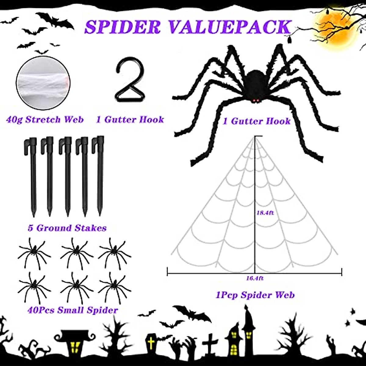MACTING Halloween Spider Web Decorations Outdoor, 16.4FT Giant Spider Web Lights & 79" Large Spider & 40 Small Black Spiders & 40g Stretch Cobweb for Scary Outside House Yard Haunted Mansion Decor