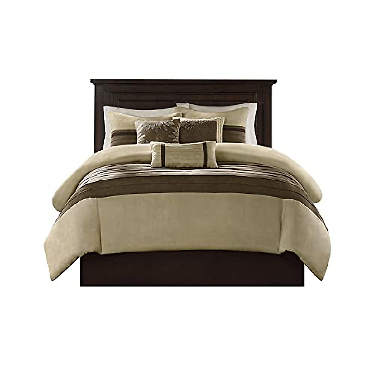 Madison Park Palmer Comforter Set-Luxury Faux Suede Design, Striped Accent, All Season Down Alternative Bedding, Matching Shams, Decorative Pillow, Bed Skirt, Queen (90 in x 90 in), Natural 7 Piece