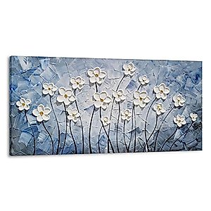 YHSKY ARTS Floral Canvas Wall Art Hand Painted Blue and White Heavy Textured Painting Modern Abstract Flower Pictures Contemporary Artwork for Living Room Bedroom Office Decoration