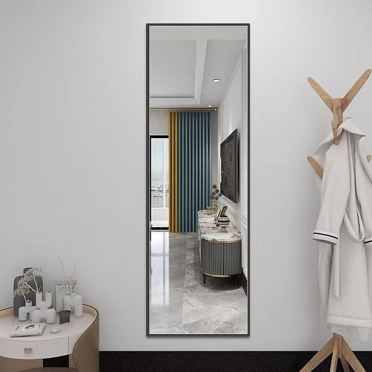 Yone jx je Rectangular Full Length Mirror,Big Free Standing Body Mirror,Floor Length Mirror with Stand,Anti-Rust Solid Wood Frame, Long Wall Mirror for Bedroom (Black+Mirror(65" x 23")