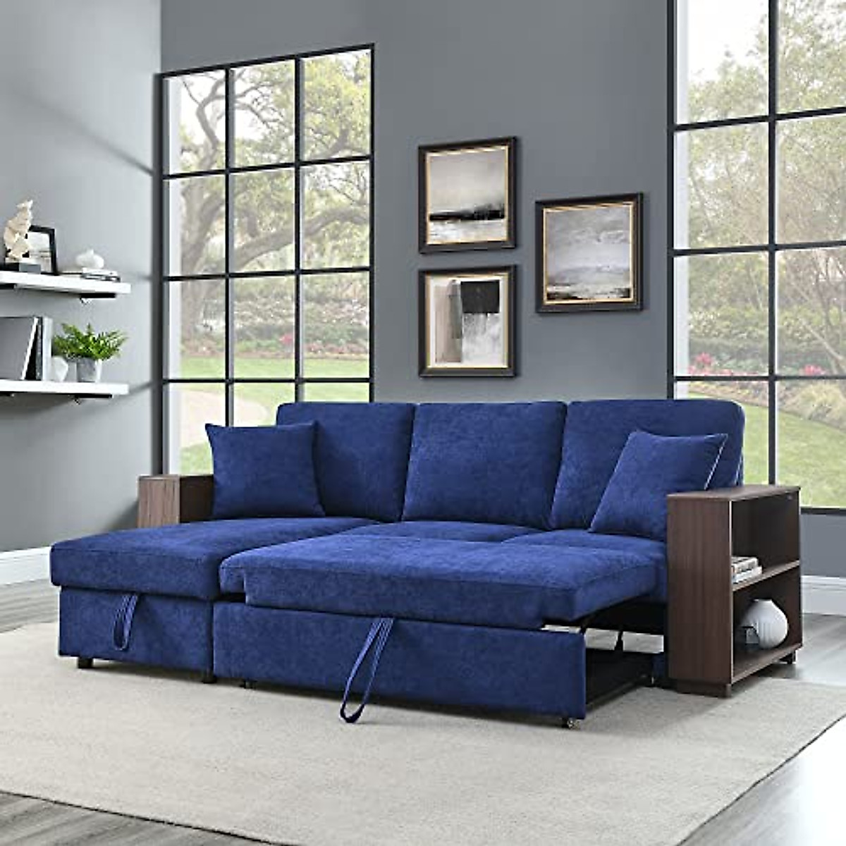 HomsSof Sectional Sofa with Pulled Out Bed Couch,2 Seats Sofa and Reversible Chaise with Storage,MDF Shelf Armrest,Two Pillows,88" x52" x 34",Navy Blue