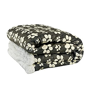 Longrich Flannel Paw Print & Ultra Soft Sherpa Throw Blanket, 50" W X 60" W, Grey with Brown Paw Print