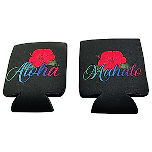 Aloha Hawaii Hibiscus & Mahalo Beer Can Coolers Sleeves (2-Pack) & 1 Aloha Decal - Soft Insulated Beer Can Cooler Sleeves - 5mm Neoprene Collapsible Black Can Sleeves for Soda, Beer & Water Bottles