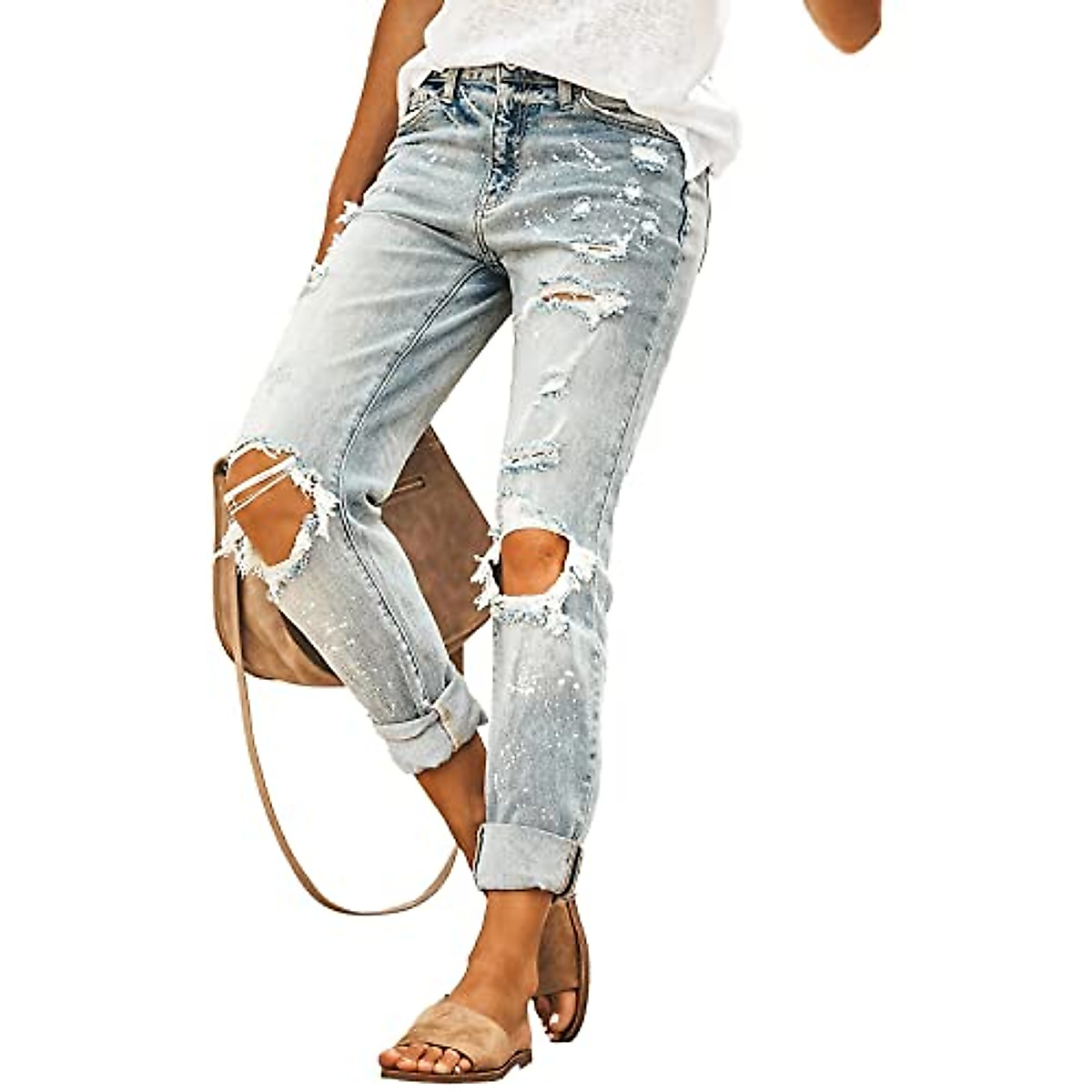 HETIPR Women's Ripped Boyfriend Jeans Mid Rise Loose Fit Distressed Stretchy Denim Pants US Medium, Light Blue