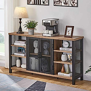 FATORRI Industrial Wine Bar Cabinet for Liquor and Glasses, Farmhouse Wood Coffee Bar Cabinet with Wine Rack, Metal Sideboard and Buffet Cabinet (55 Inch, Rustic Oak)