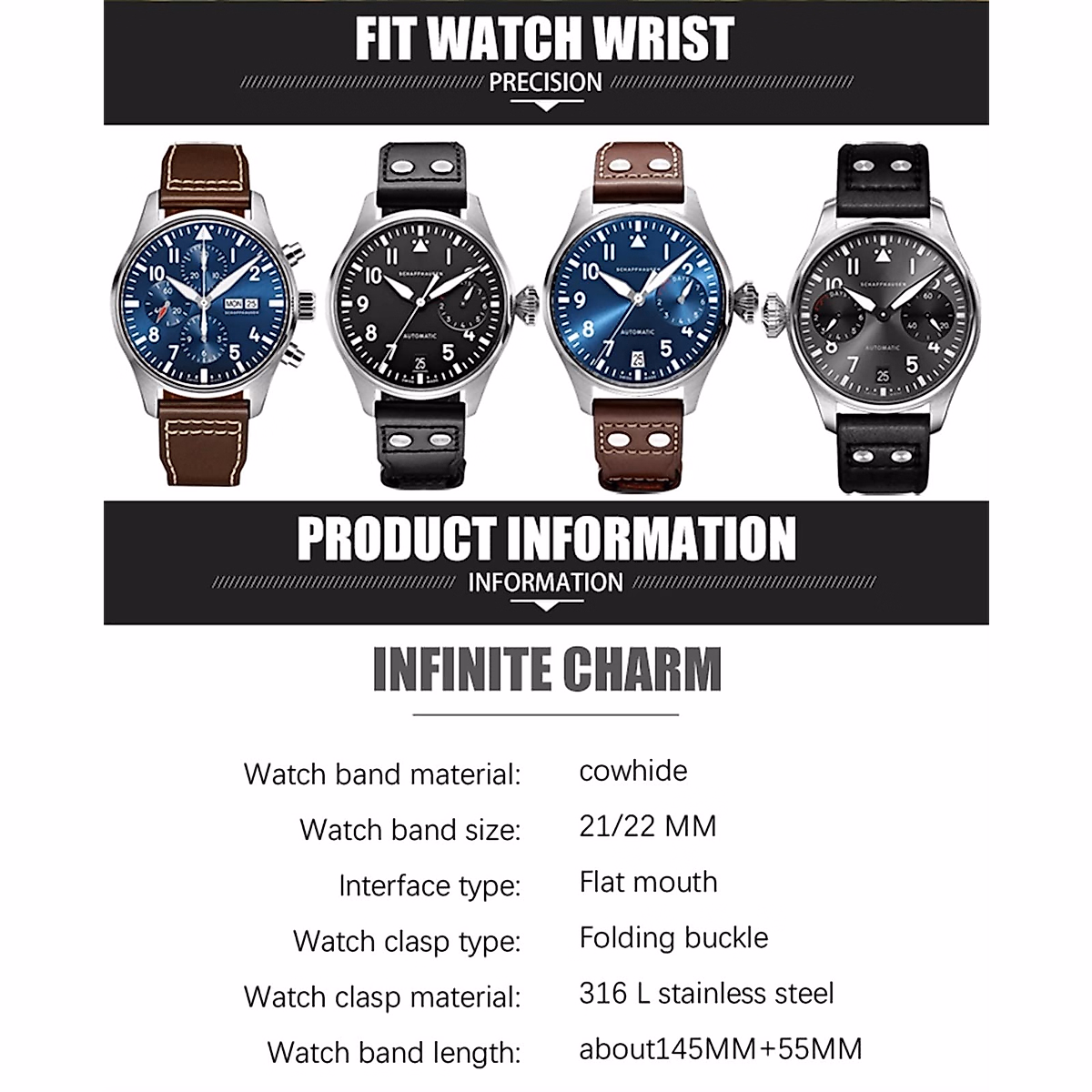 KKFAUS For IWC Big Pilot Watch TOP GUN SPITFIRE Le Petit Prince Calfskin Strap 20mm 21mm 22mm Genuine Leather Rivet Watchband (Color : Black white smooth, Size : 20mm)