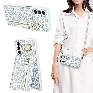 Jaorty Samsung Galaxy A14 5G Phone Case for Women with Card Holder,Crossbody Phone Case for Samsung Galaxy A14 with Strap Lanyard,Credit Card Slots Kickstand Case with Ring Holder,White Leopard