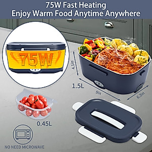 Electric Lunch Box, 75W Portable Food Heater for Adults, Fast Heating Food Warmer for Car Truck Home Office 110V/12V/24V with 1.5L 304 Stainless Steel Container, Fork Spoon and Bag, Blue+White