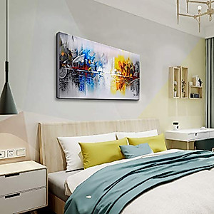 ARTLAND Framed Cityscape Modern Oil Painting on Canvas Contemporary Abstract Building Artwork Stretched Wall Art Décor for Living Room Home Decoration 24x48 inches