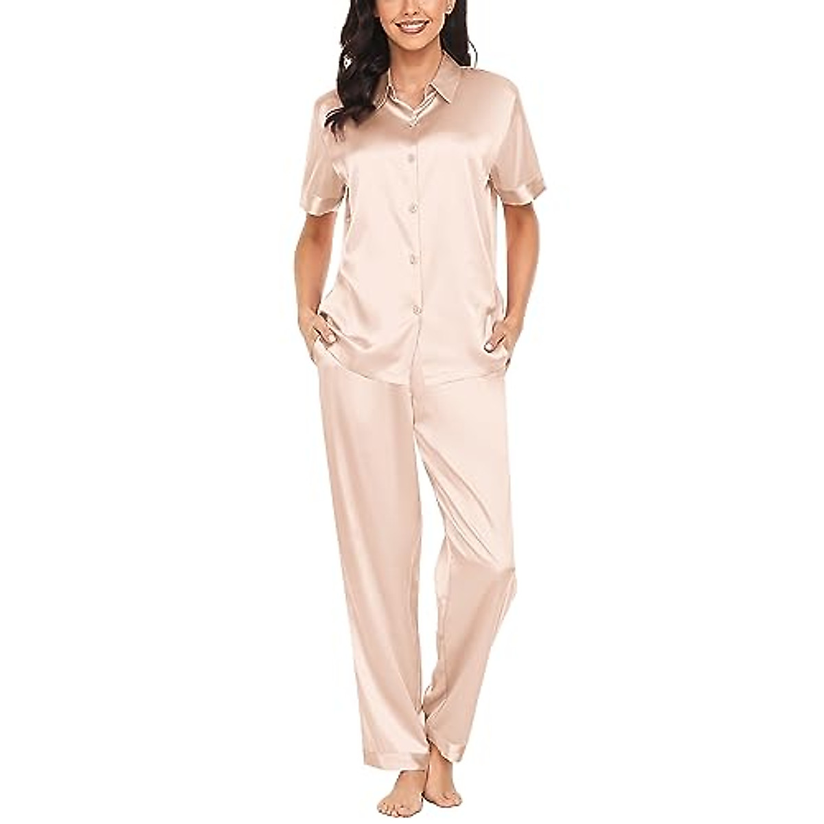 SWOMOG Silk Pajama Set for Womens Solid Satin Loungewear Short Sleeve Pj Set Button Down 2 Pcs Nightwear with Pants with Pockets Champagne