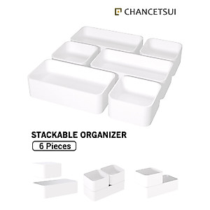6 Pcs Stackable Drawer Organizer Set Desk Drawer Dividers, Bathroom Vanity Cosmetic Makeup Trays , Multipurpose Plastic Storage Bins for Jewelries, Kitchen Gadgets and Office Accessories, White