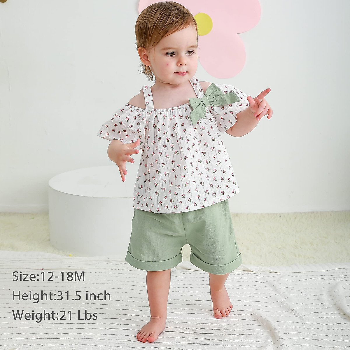 JEELLIGULAR Toddler Baby Girl Clothes Off Shoulder Loose Floral Top Shirt Solid Casual Shorts Set Cute Summer Outfits (Green Flower, 12-18 Months)
