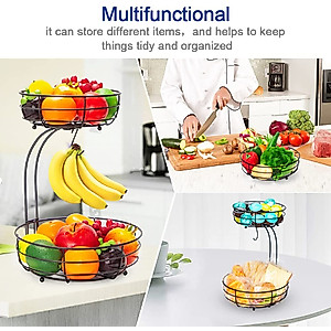 VANDHOME 2-Tier Countertop Fruit Vegetables Baske Iron With Banana Hanger, Metal Wire Vegetable Produce Storage Baskets for Kitchen, Fruits Stand Holder Organizer for Bread Snack Veggies, Black