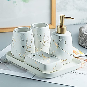 Bathroom Accessories Set Ceramic Soap Dispenser Toothbrush Holder Bathroom Tumbler Soap Dish Vanity Tray Bathroom Decor Modern Marble Print Countertop Accessory Set (Black 5-piece set)