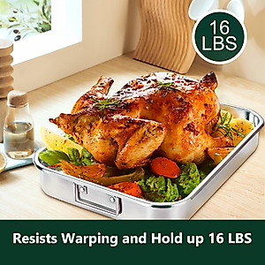 Stainless Steel Roaster with Flat Rack & Parchment Paper, 16.2 x 12.2 x 3 inches - Ideal Roasting Pan for Whole Turkey, Roasts, or Multiple Sides