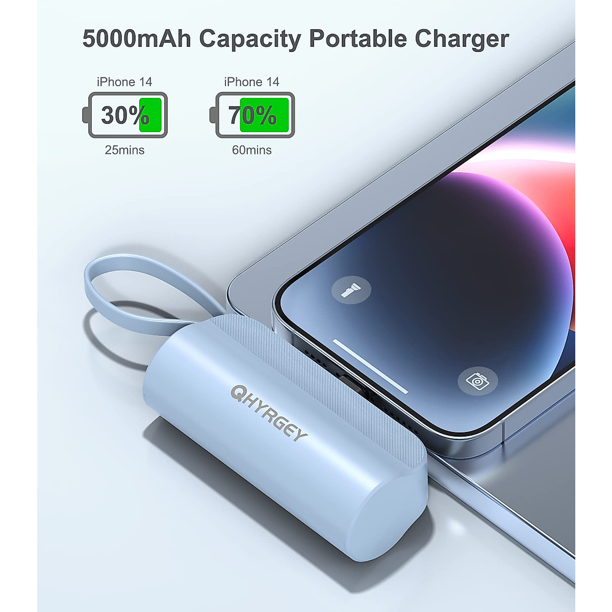 QHYRGEY Portable Charger for iPhone, 5000mAh Mini Power Bank with Built-in Cable & Phone Stand, Small Battery Pack Compatible with for iPhone14/13/12/11/Pro/XS/XR/X/8/7/6/Plus AirPods and More, White