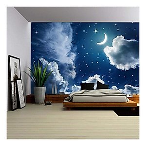Star Moon Wall Mural Wallpaper, 3D Night Sky Peel and Stick Self-Adhesive Wallpaper, Removable Large Photo Sticker TV Background Decor for Living Room Bedroom 59"W x 42"H