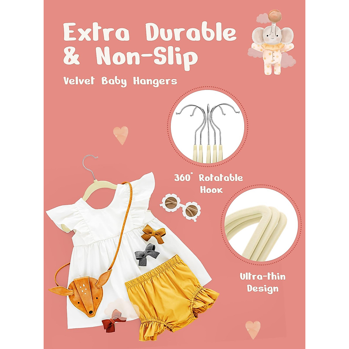 HOUSE DAY Velvet Baby Hangers 50 Pack, Premium Children's Hangers for Baby, Infant & Toddler Clothes, Durable Non Slip Baby Felt Hangers Beige, 11 Inch Baby Hangers for Closet, Ideal for Everyday Use